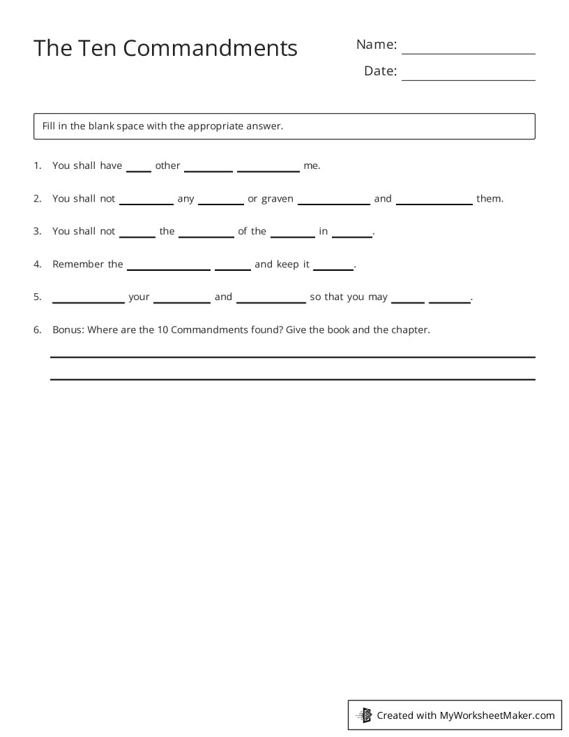 The Ten Commandments - My Worksheet Maker: Create Your Own Worksheets
