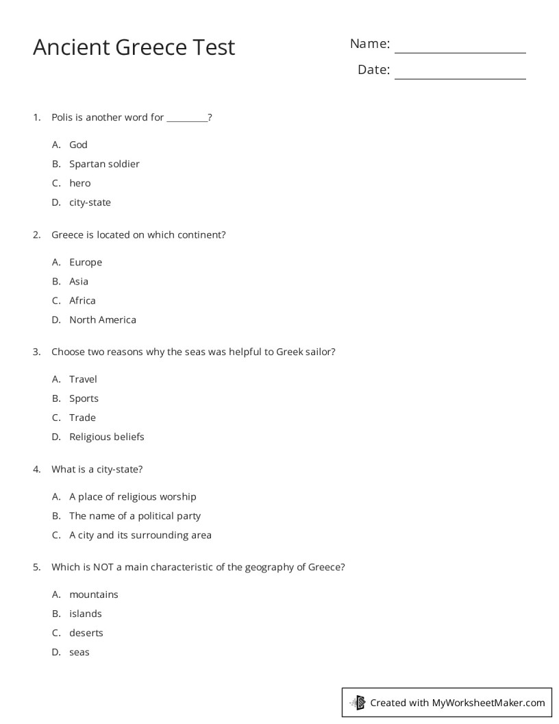 Ancient Greece Test - My Worksheet Maker: Create Your Own Worksheets