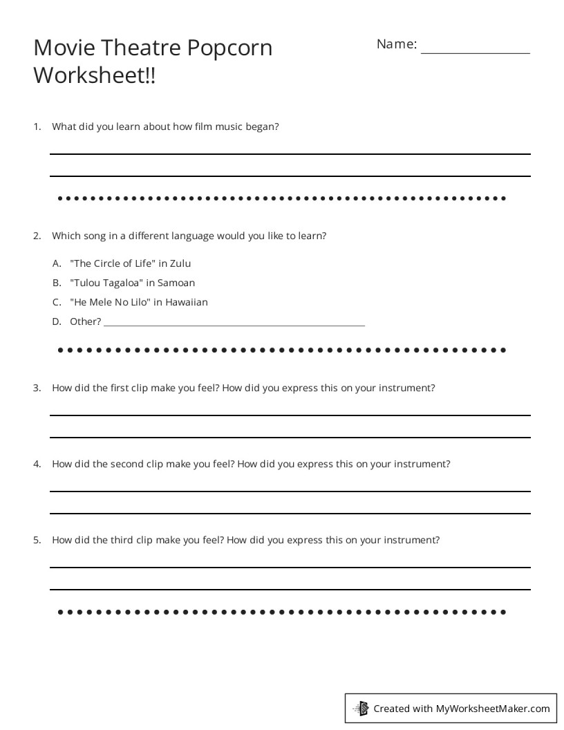 Movie Theatre Popcorn Worksheet!! - My Worksheet Maker: Create Your Own ...