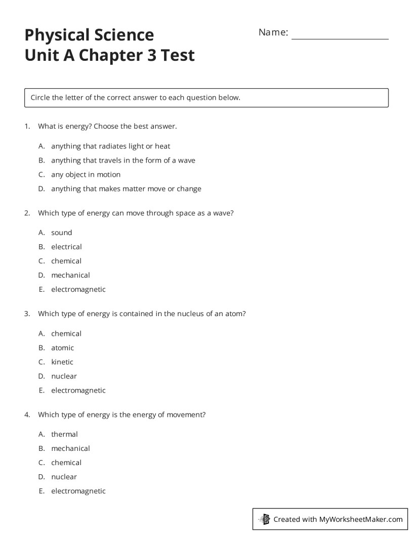 Physical Science Unit A Chapter 3 Test - My Worksheet Maker: Create ...