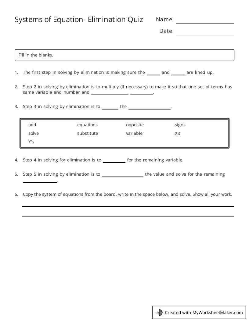 Systems of Equation- Elimination Quiz - My Worksheet Maker: Create Your ...