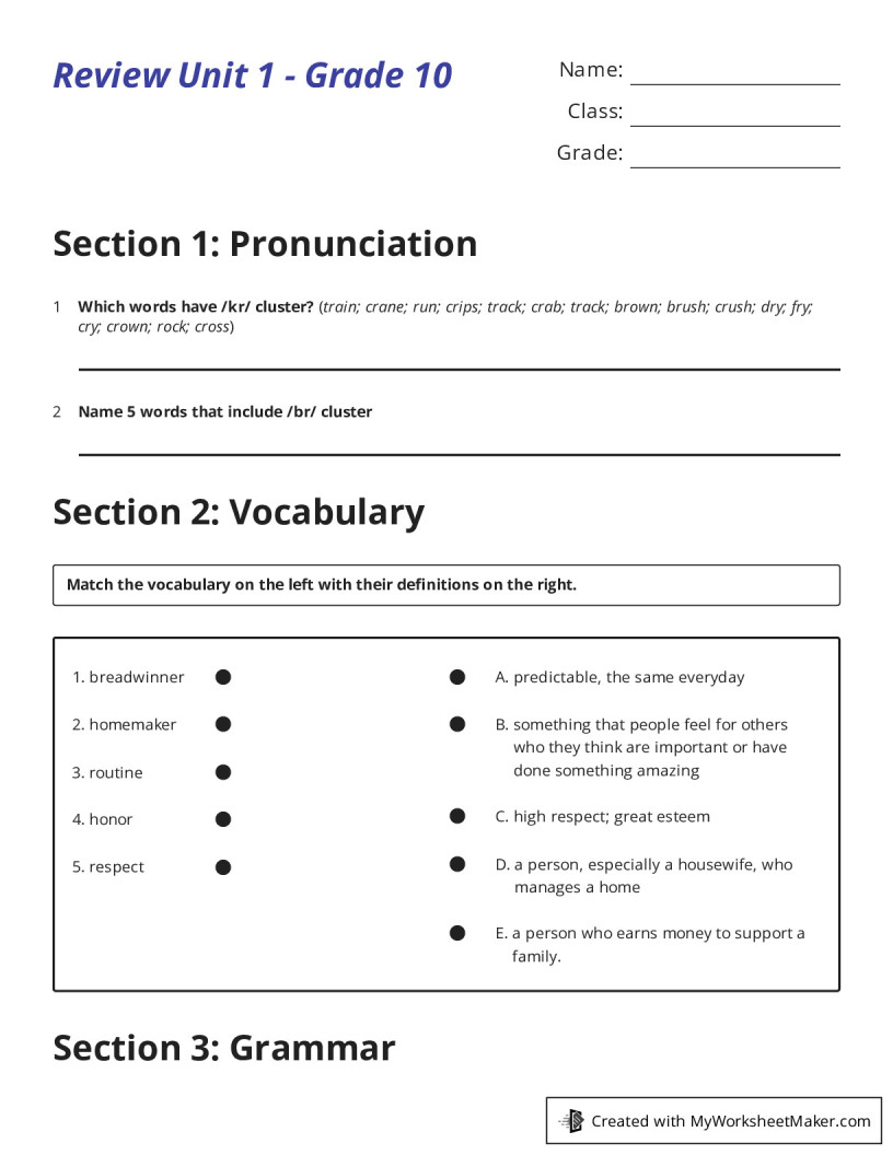 Review Unit 1 - Grade 10 - My Worksheet Maker: Create Your Own Worksheets