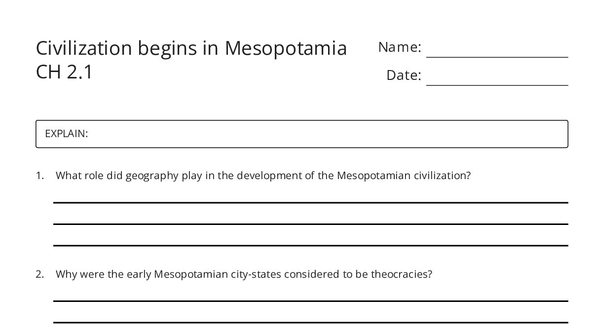 Civilization begins in Mesopotamia CH 2.1 - My Worksheet Maker: Create ...