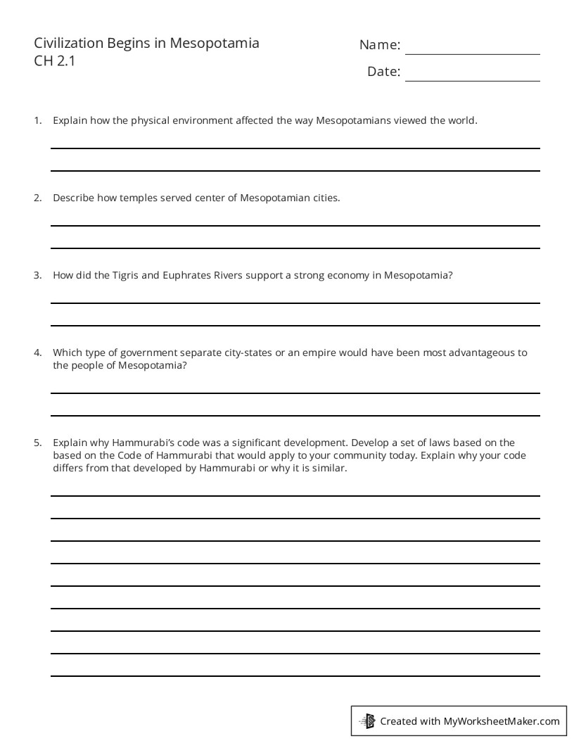 Civilization Begins in Mesopotamia CH 2.1 - My Worksheet Maker: Create ...