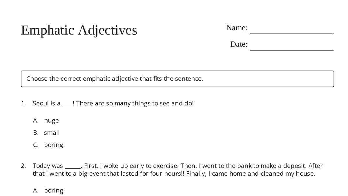 Emphatic Adjectives - My Worksheet Maker: Create Your Own Worksheets