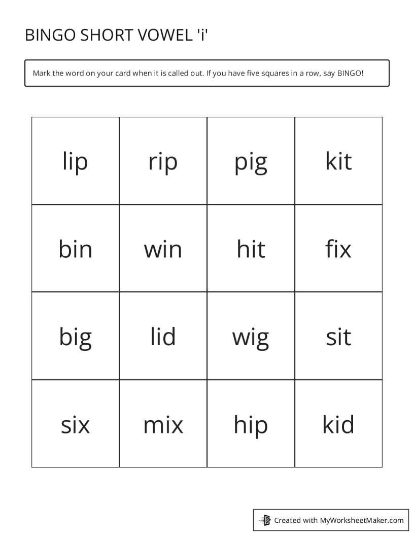BINGO SHORT VOWEL 'i' - My Bingo Maker: Create Your Own Bingo Cards