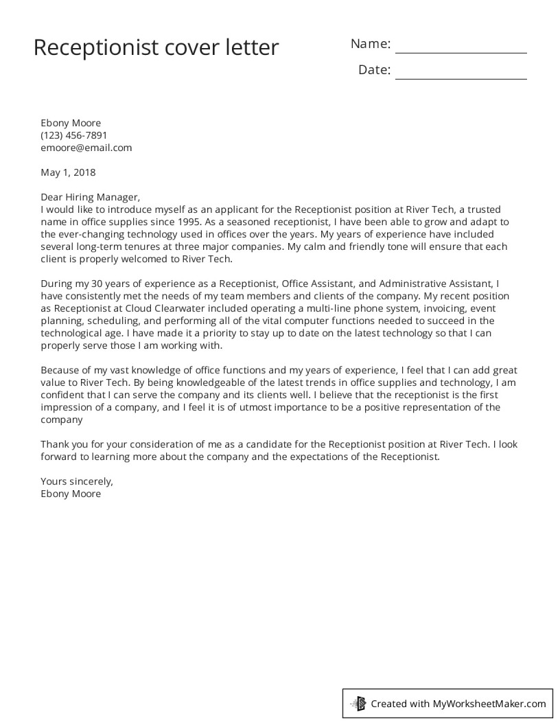 Receptionist cover letter - My Worksheet Maker: Create Your Own Worksheets