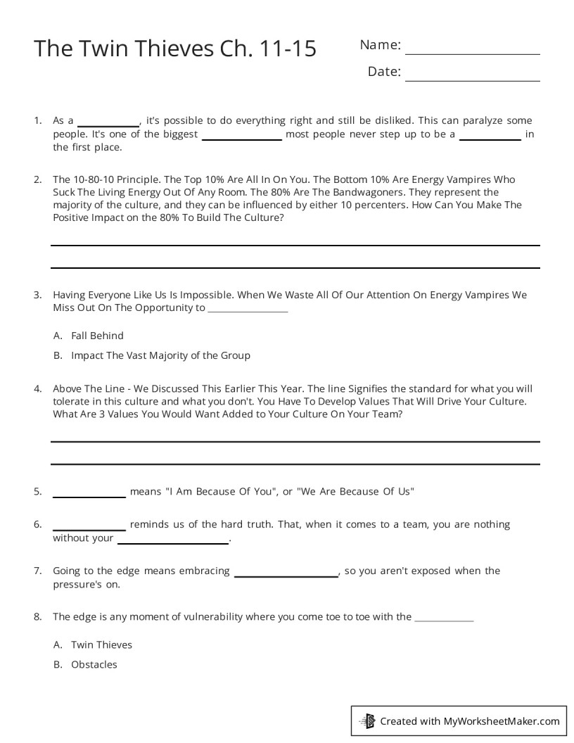 The Twin Thieves Ch. 11-15 - My Worksheet Maker: Create Your Own Worksheets