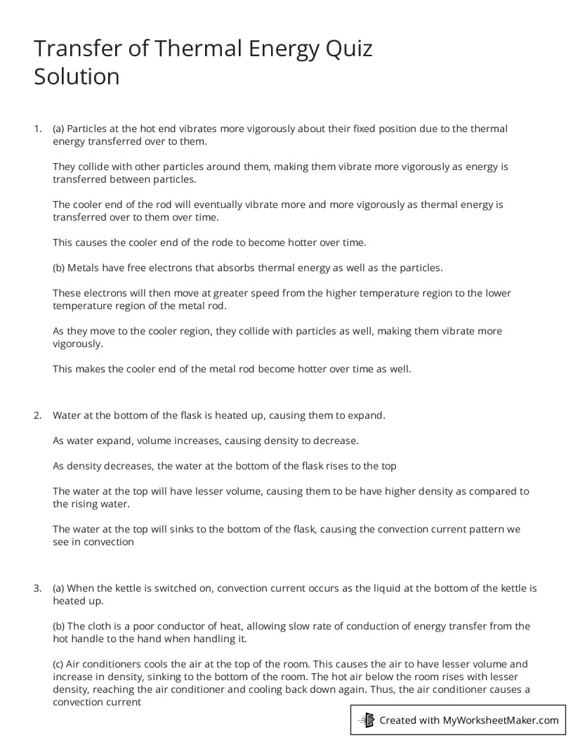 Transfer of Thermal Energy Quiz Solution - My Worksheet Maker: Create ...