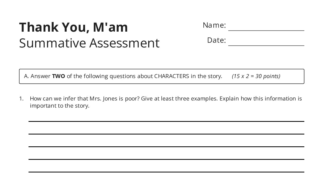 Thank You, M'am Summative Assessment - My Worksheet Maker: Create Your ...