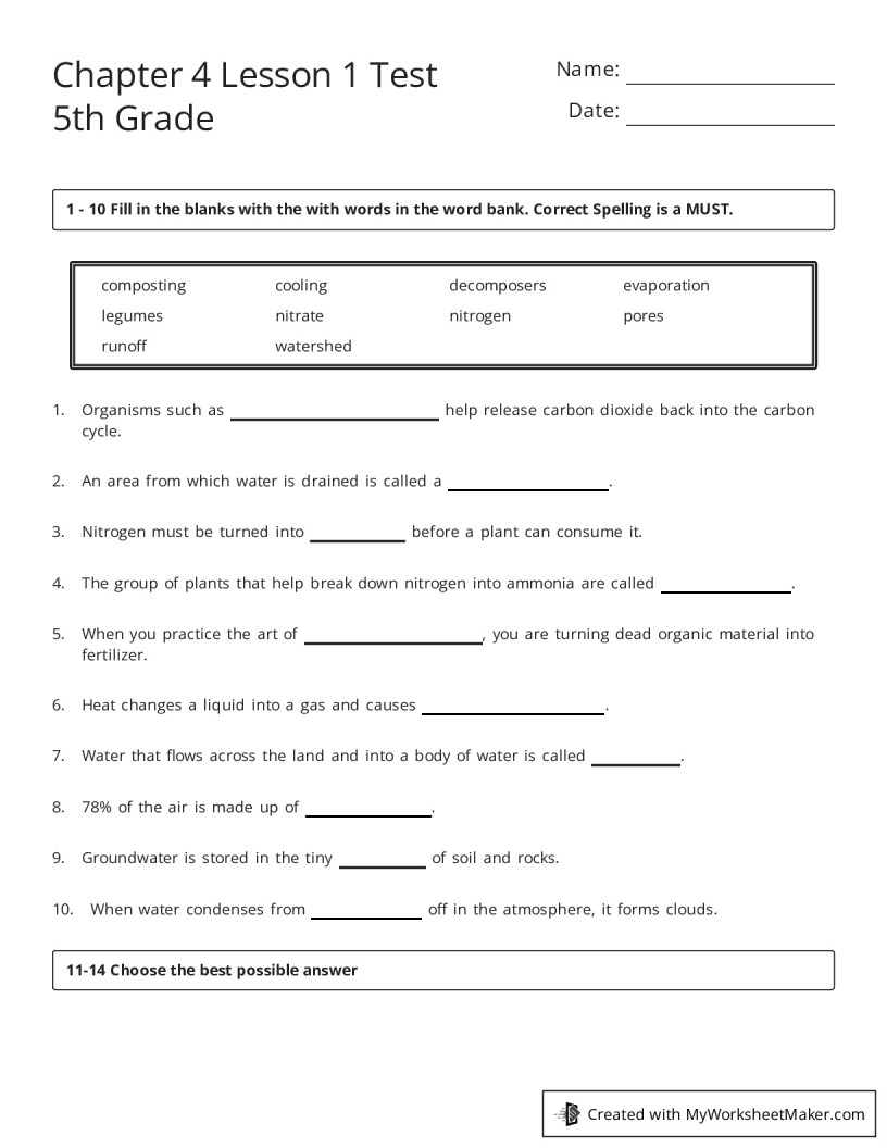 Chapter 4 Lesson 1 Test5th Grade - My Worksheet Maker: Create Your Own ...