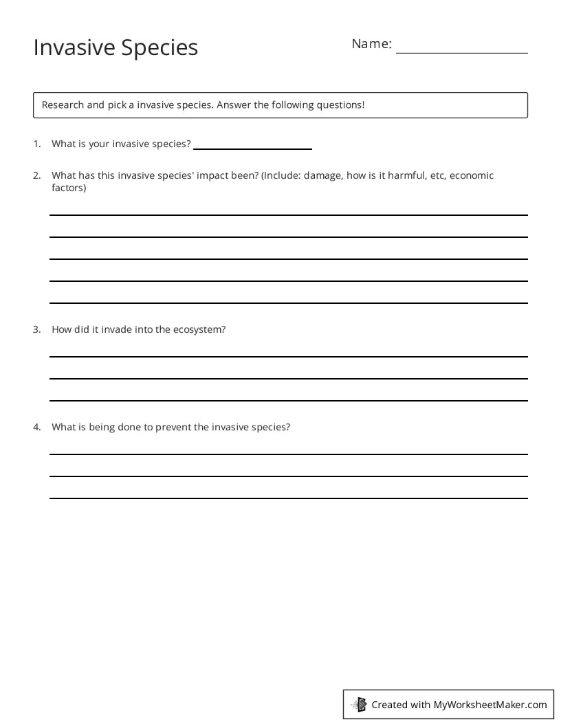 Invasive Species - My Worksheet Maker: Create Your Own Worksheets