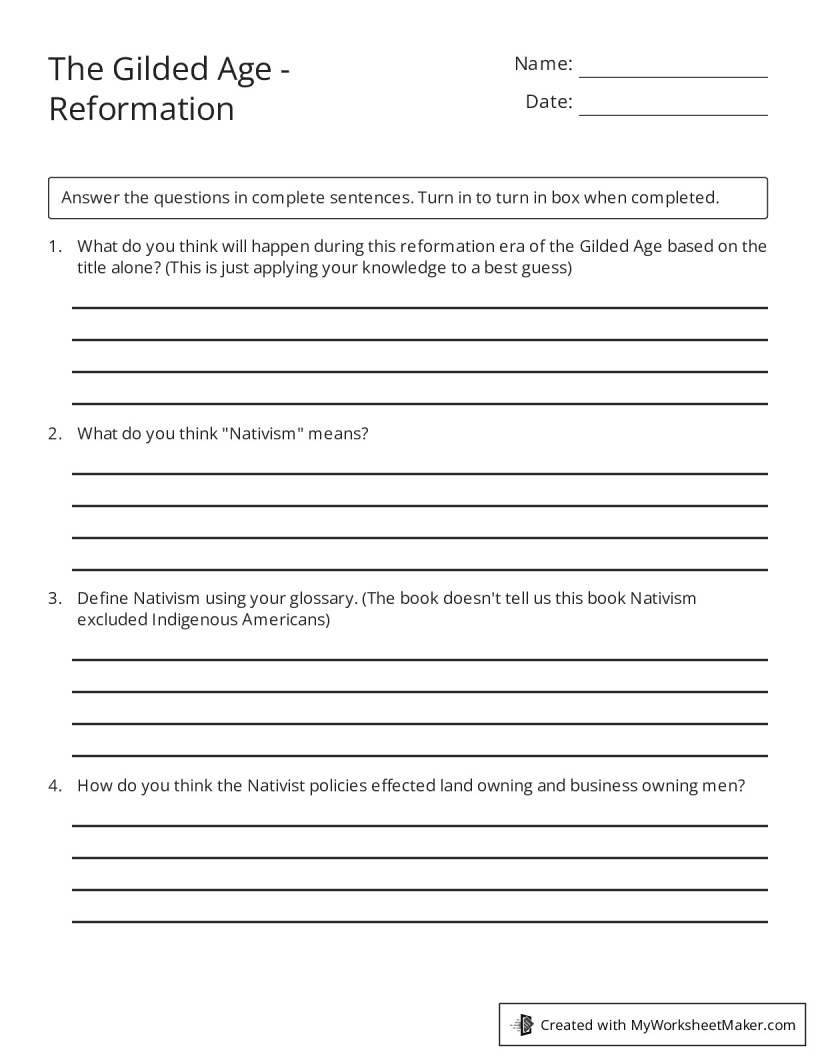 The Gilded Age - Reformation - My Worksheet Maker: Create Your Own ...