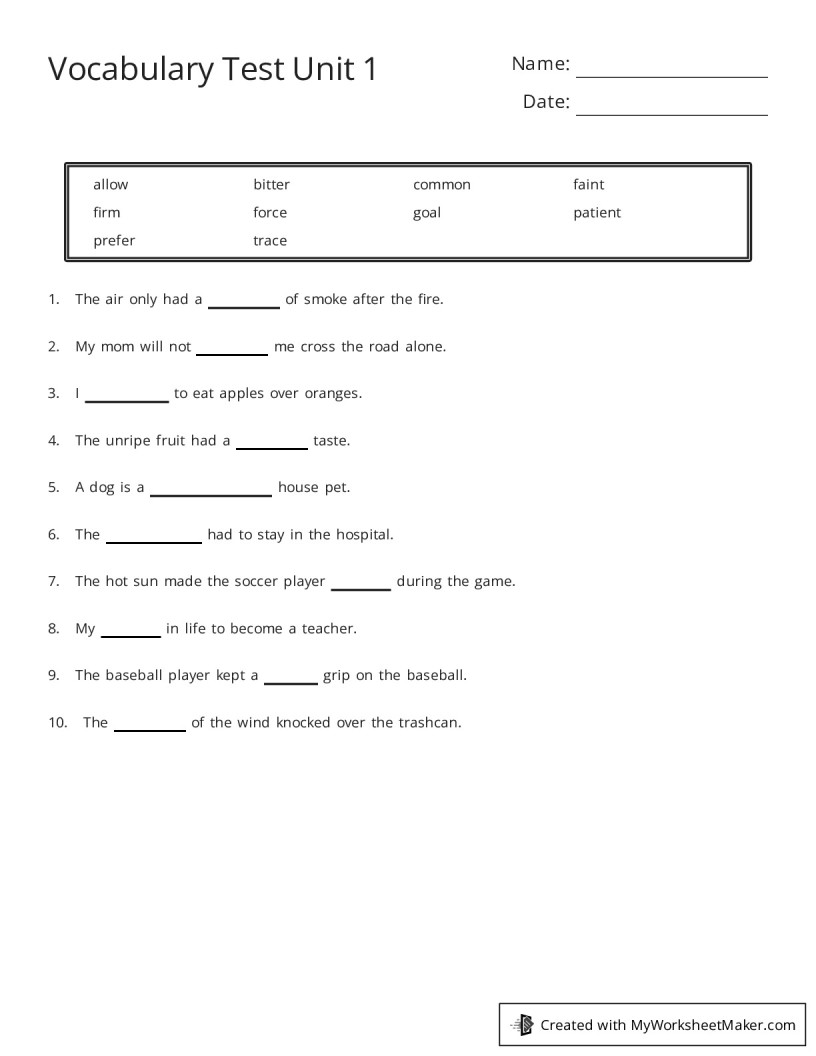 Vocabulary Test Unit 1 - My Worksheet Maker: Create Your Own Worksheets