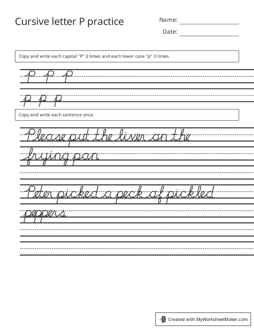 Cursive letter P practice - My Worksheet Maker: Create Your Own Worksheets