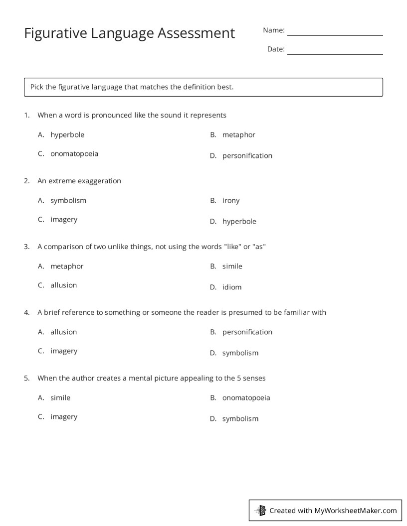 Figurative Language Assessment - My Worksheet Maker: Create Your Own ...