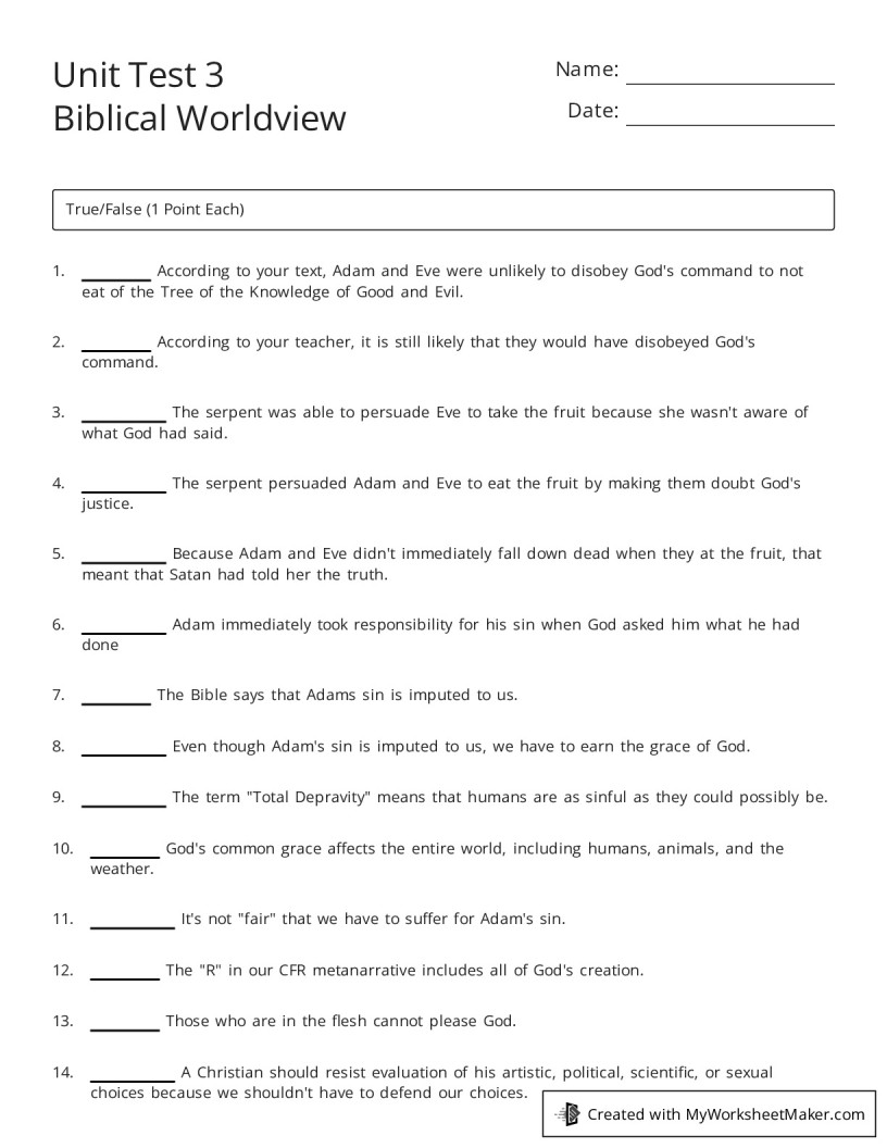 Unit Test 3Biblical Worldview - My Worksheet Maker: Create Your Own ...