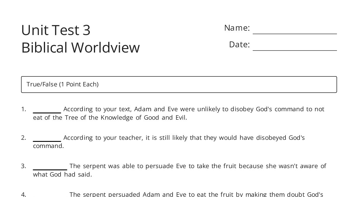 Unit Test 3 Biblical Worldview - My Worksheet Maker: Create Your Own ...