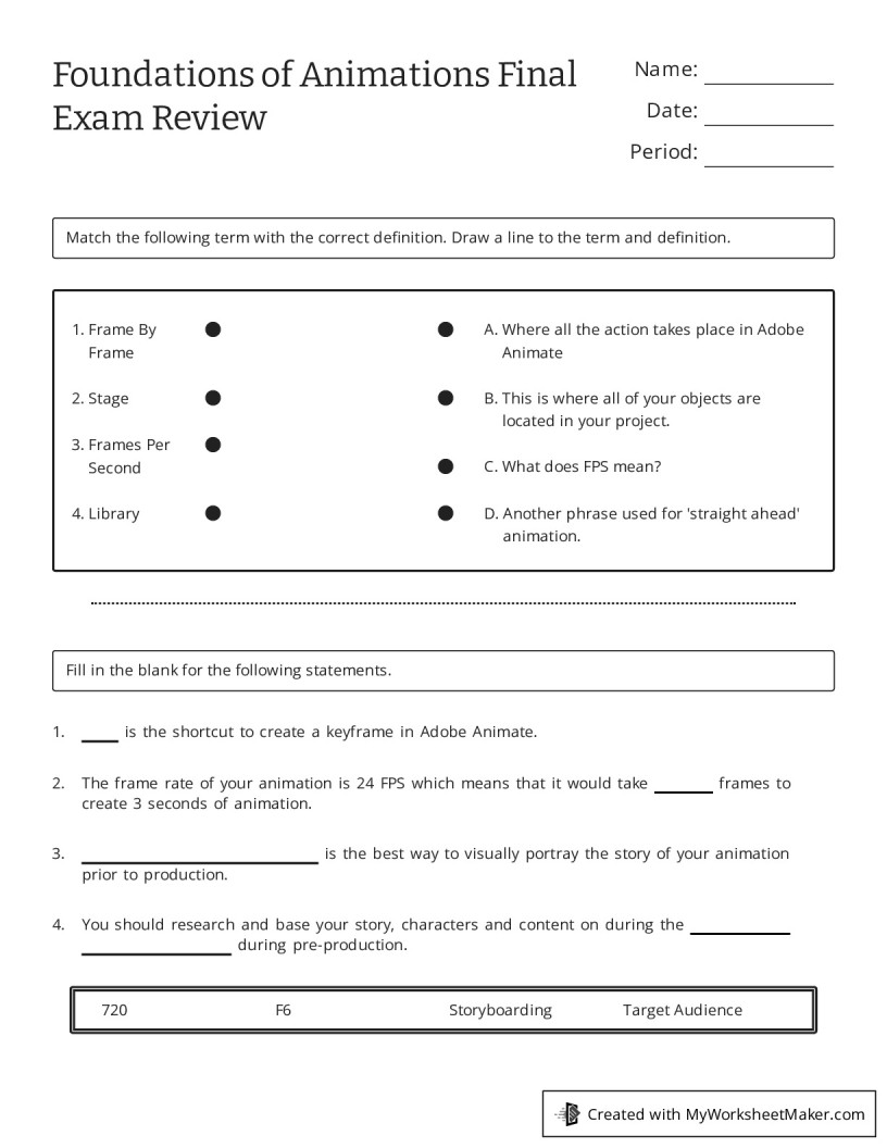 Foundations of Animations Final Exam Review - My Worksheet Maker ...