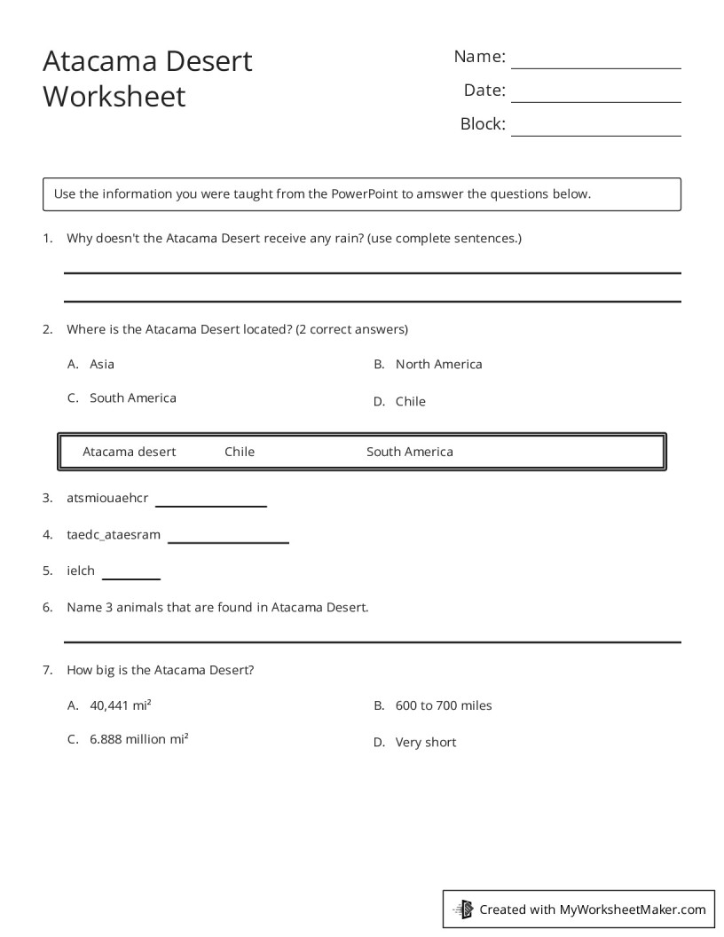 Atacama Desert Worksheet - My Worksheet Maker: Create Your Own Worksheets