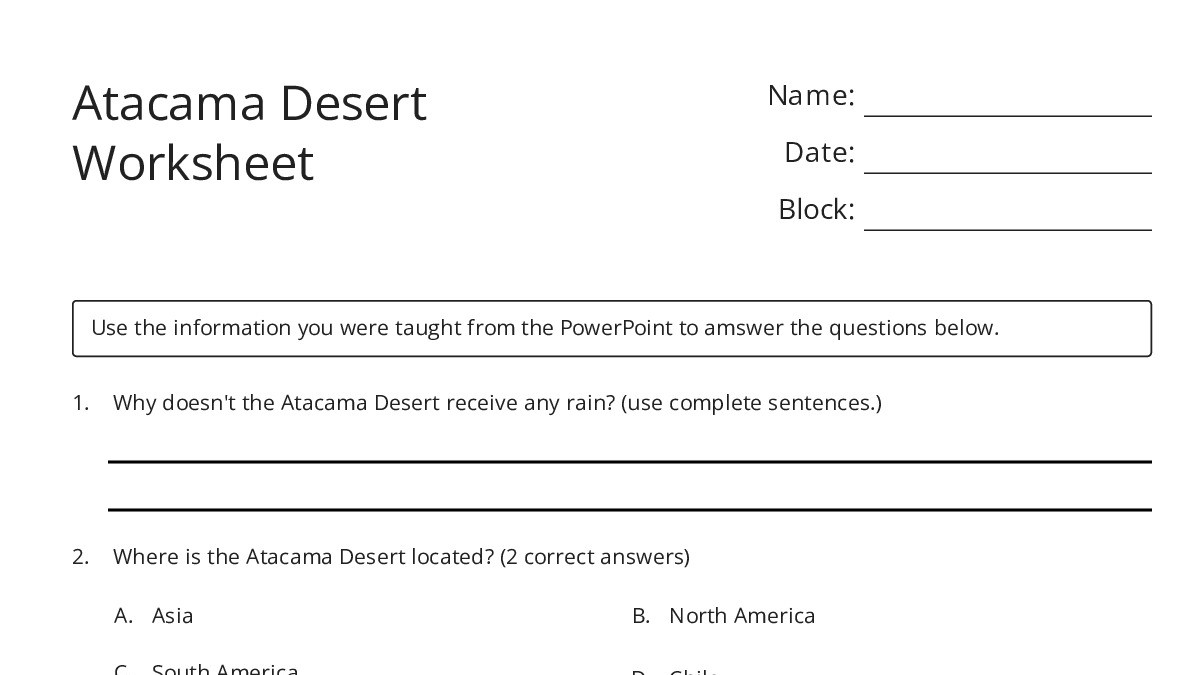 Atacama Desert Worksheet - My Worksheet Maker: Create Your Own Worksheets