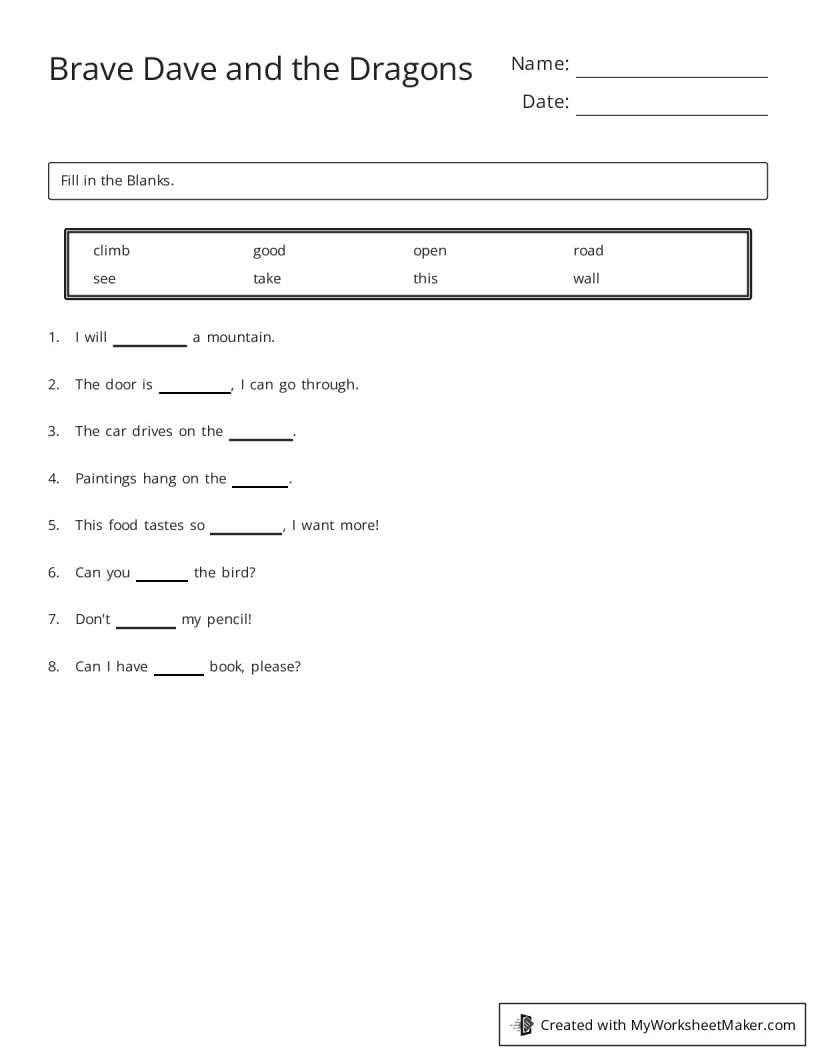Brave Dave and the Dragons - My Worksheet Maker: Create Your Own Worksheets