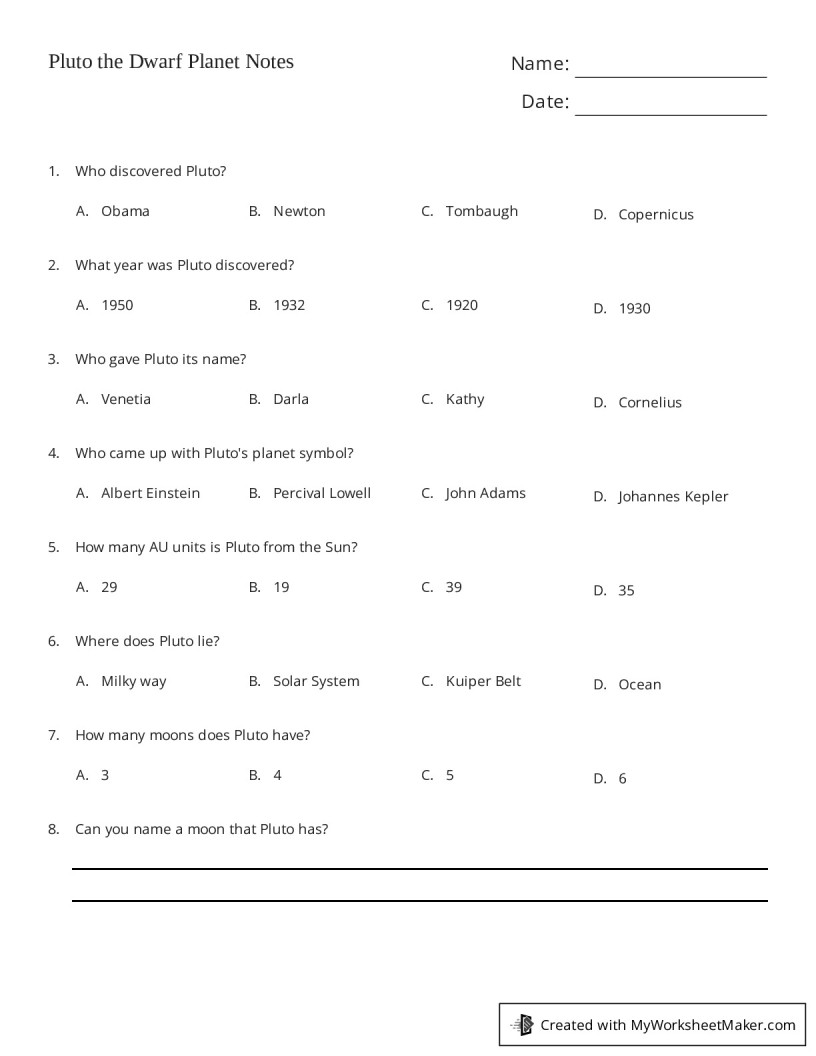 Pluto the Dwarf Planet Notes - My Worksheet Maker: Create Your Own ...