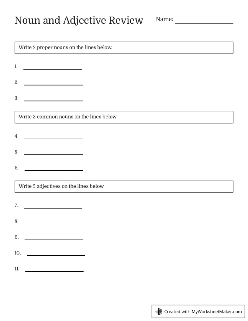Noun and Adjective Review - My Worksheet Maker: Create Your Own Worksheets
