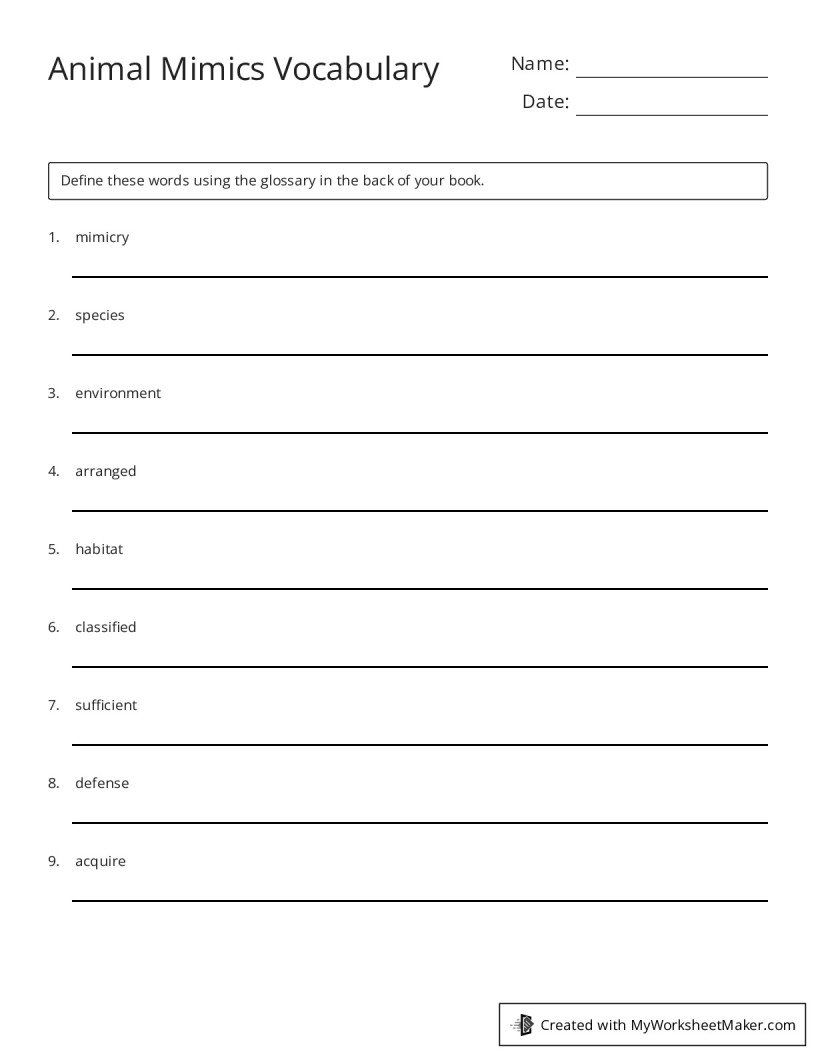 Animal Mimics Vocabulary - My Worksheet Maker: Create Your Own Worksheets