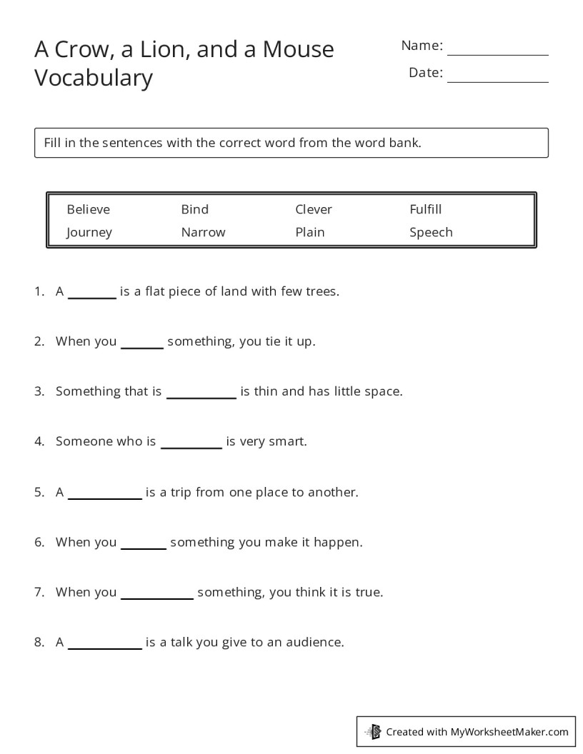 A Crow, a Lion, and a Mouse Vocabulary - My Worksheet Maker: Create ...