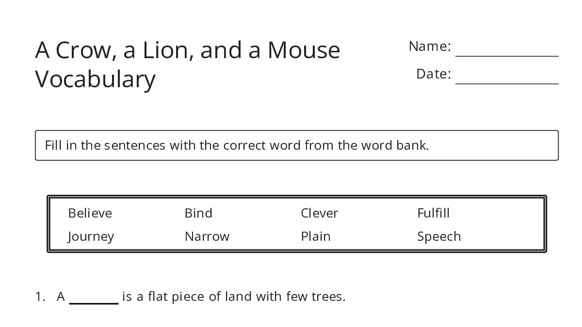 A Crow, a Lion, and a Mouse Vocabulary - My Worksheet Maker: Create ...