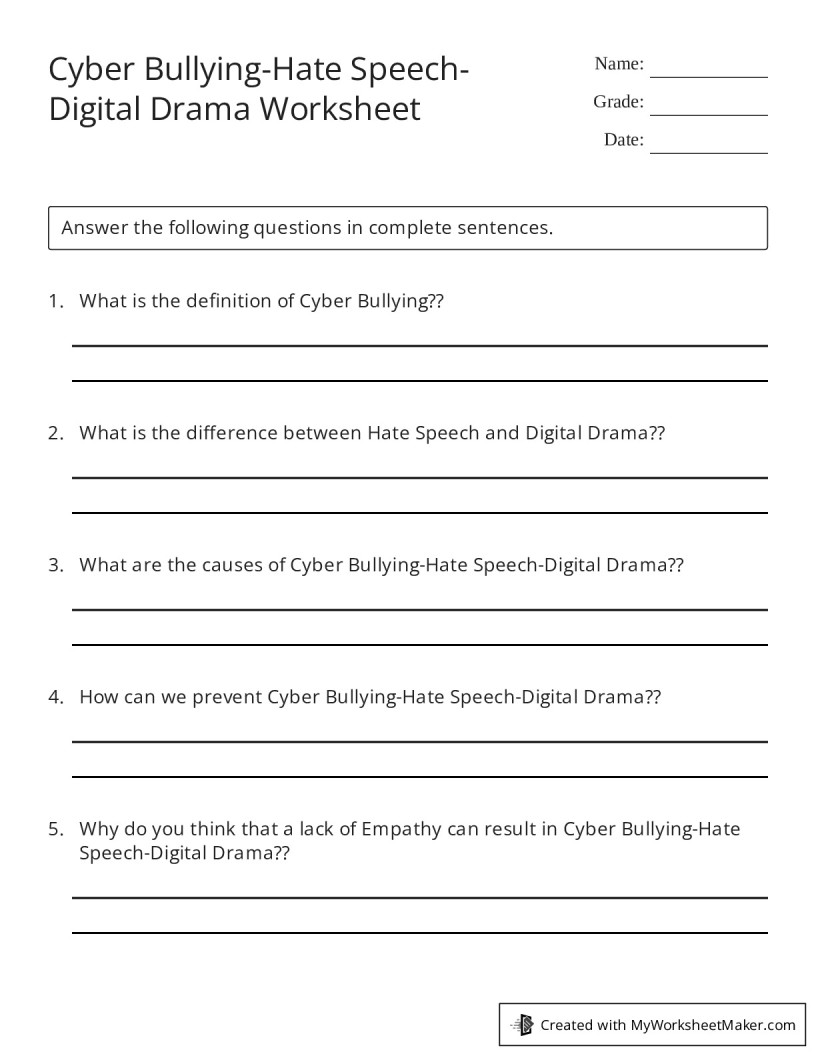 Cyber Bullying-Hate Speech-Digital Drama Worksheet - My Worksheet Maker ...