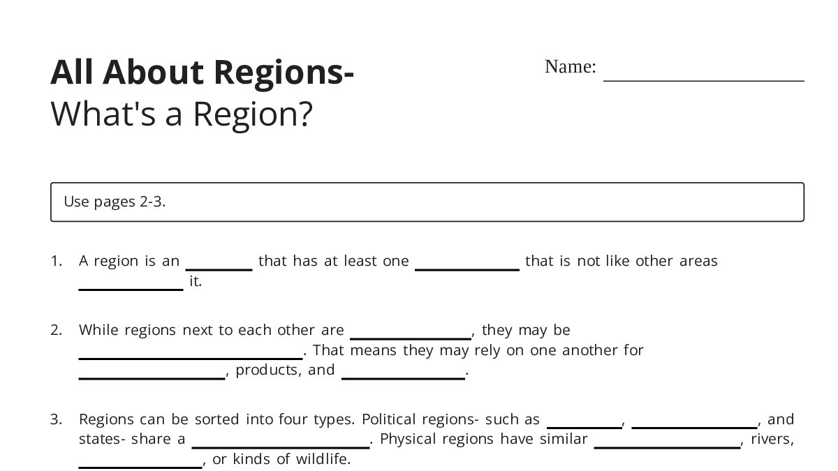 All About Regions- What's a Region? - My Worksheet Maker: Create Your ...