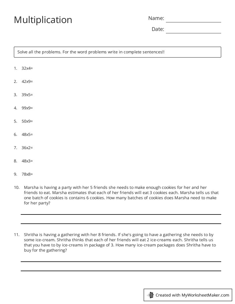Multiplication - My Worksheet Maker: Create Your Own Worksheets