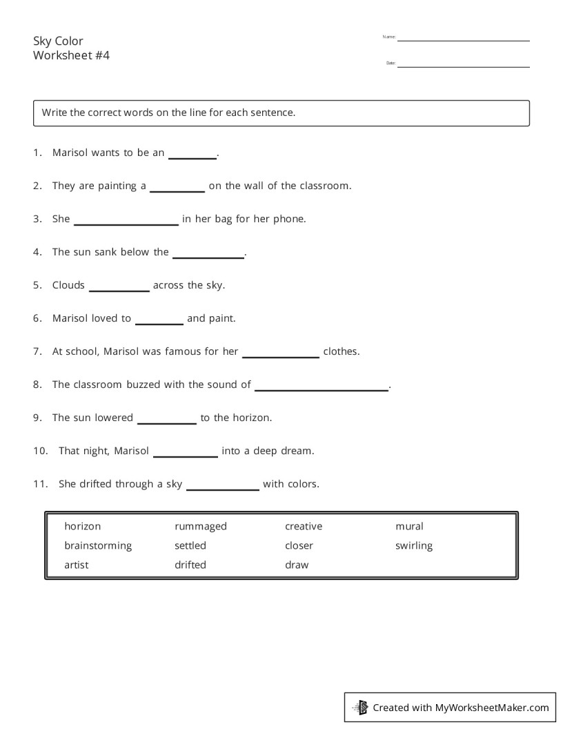 Sky Color Worksheet #4 - My Worksheet Maker: Create Your Own Worksheets