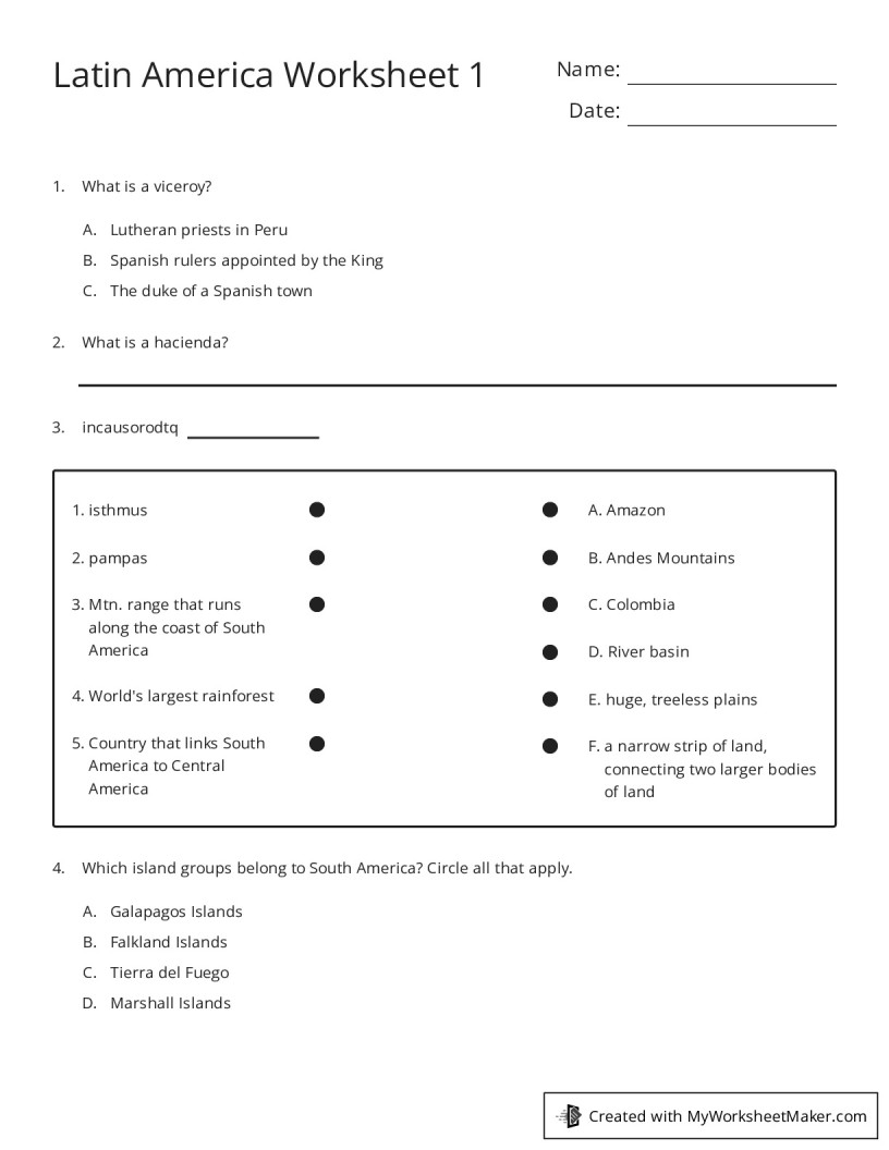 Latin America Worksheet 1 - My Worksheet Maker: Create Your Own Worksheets