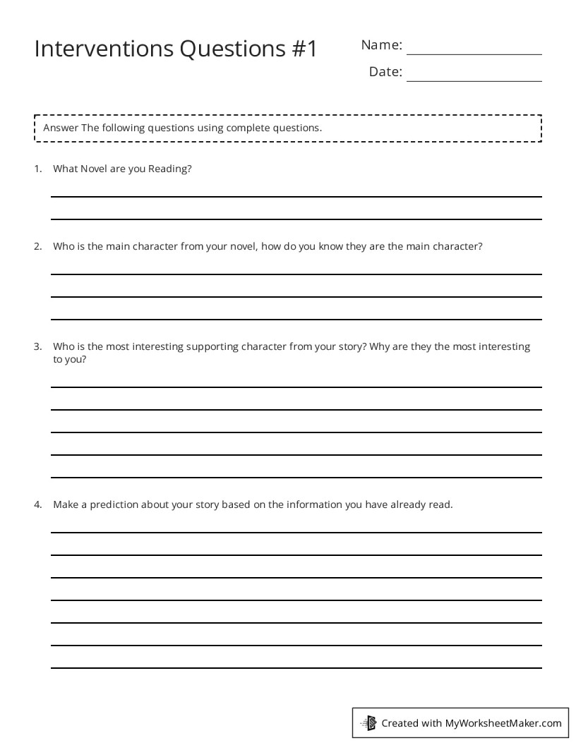 Interventions Questions #1 - My Worksheet Maker: Create Your Own Worksheets