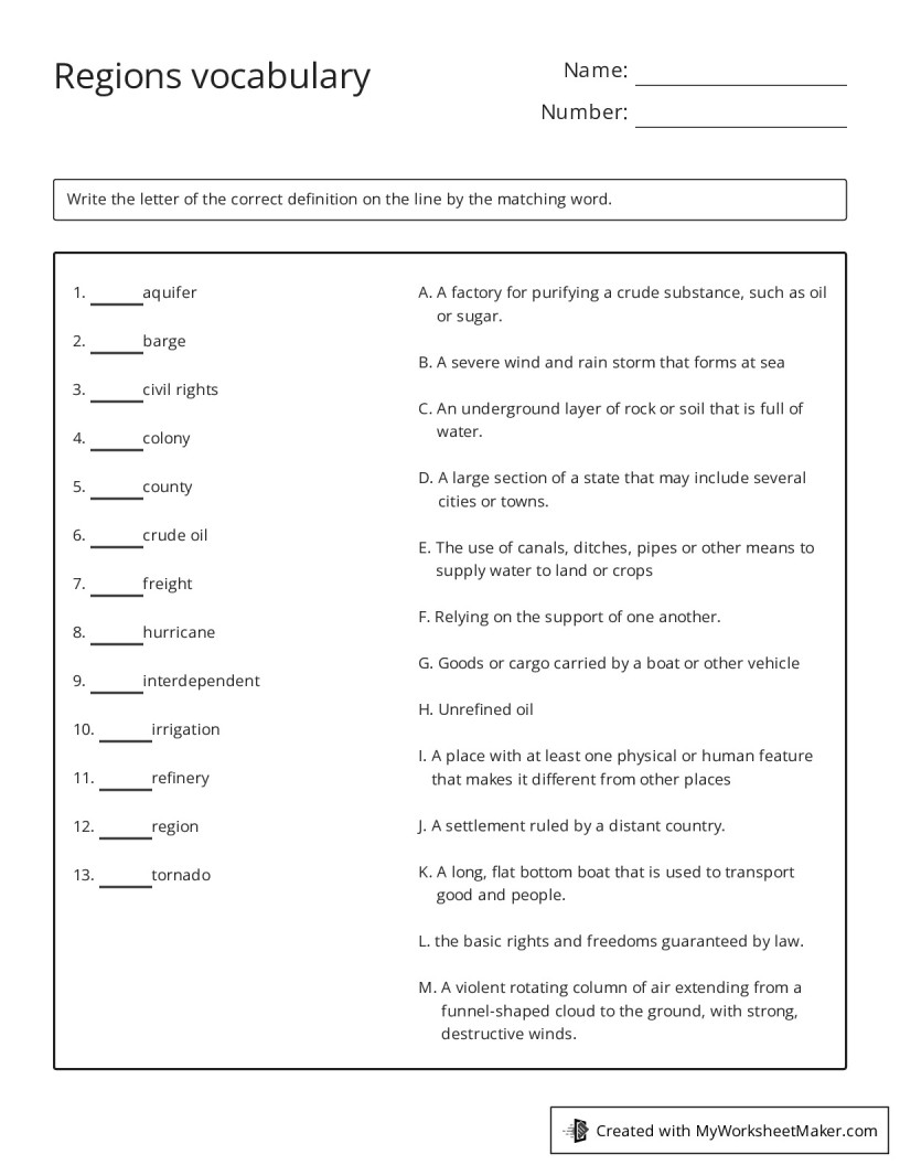 Regions vocabulary - My Worksheet Maker: Create Your Own Worksheets
