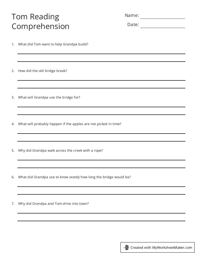 Tom Reading Comprehension - My Worksheet Maker: Create Your Own Worksheets