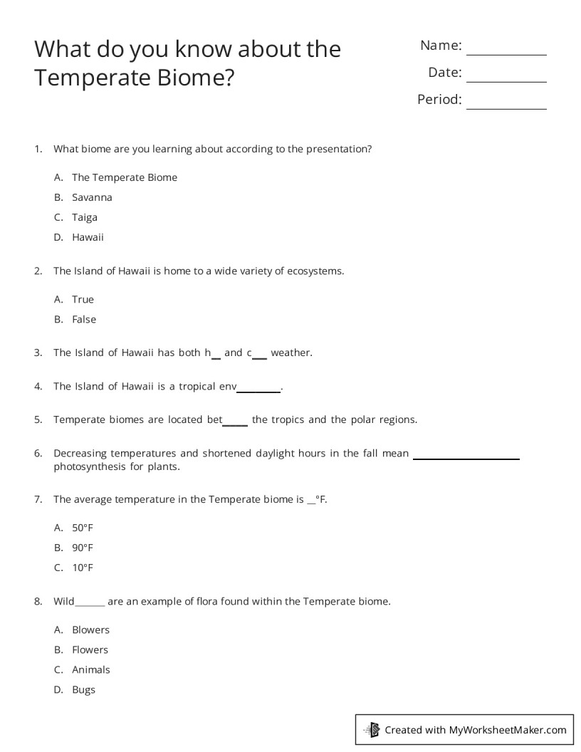 What do you know about the Temperate Biome? - My Worksheet Maker ...