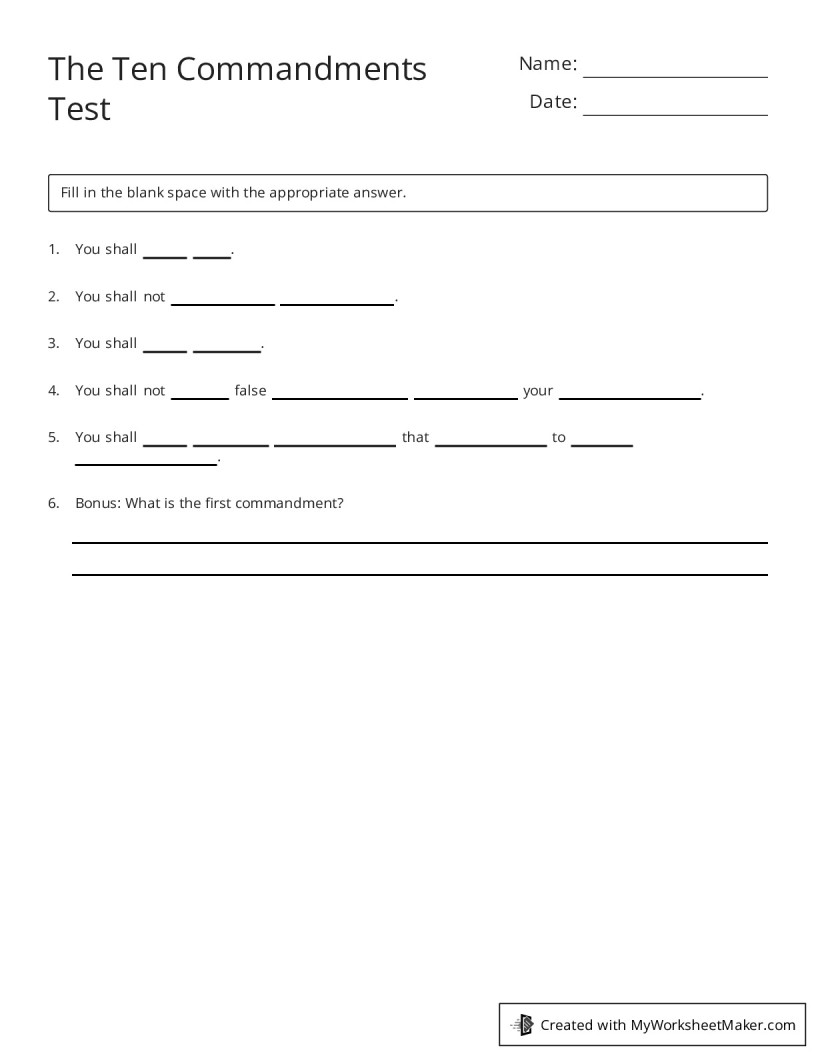 The Ten Commandments Test - My Worksheet Maker: Create Your Own Worksheets