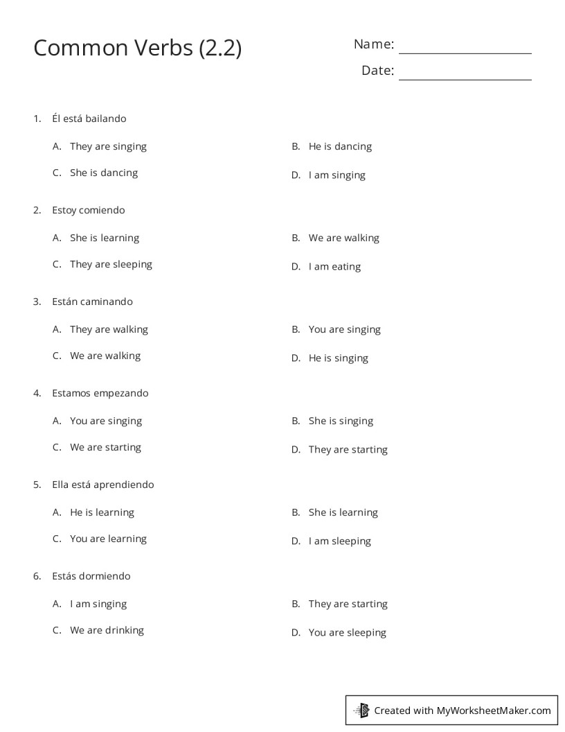 Common Verbs (2.2) - My Worksheet Maker: Create Your Own Worksheets