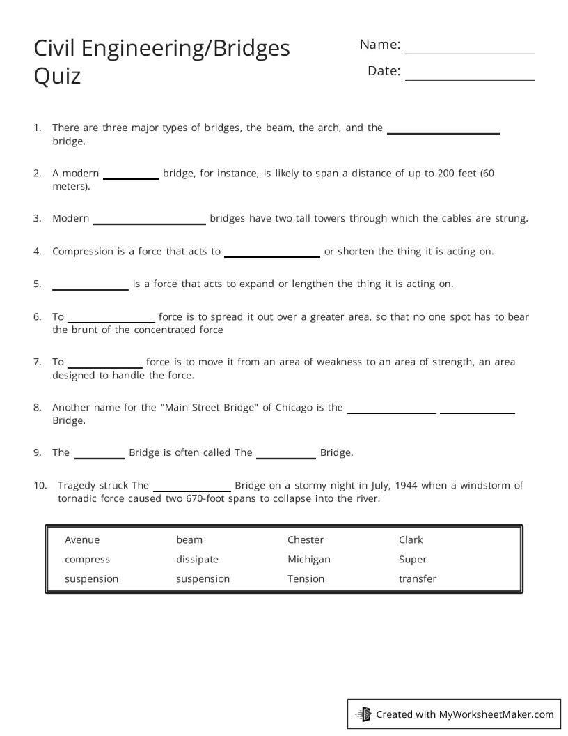 Civil Engineering/Bridges Quiz - My Worksheet Maker: Create Your Own ...