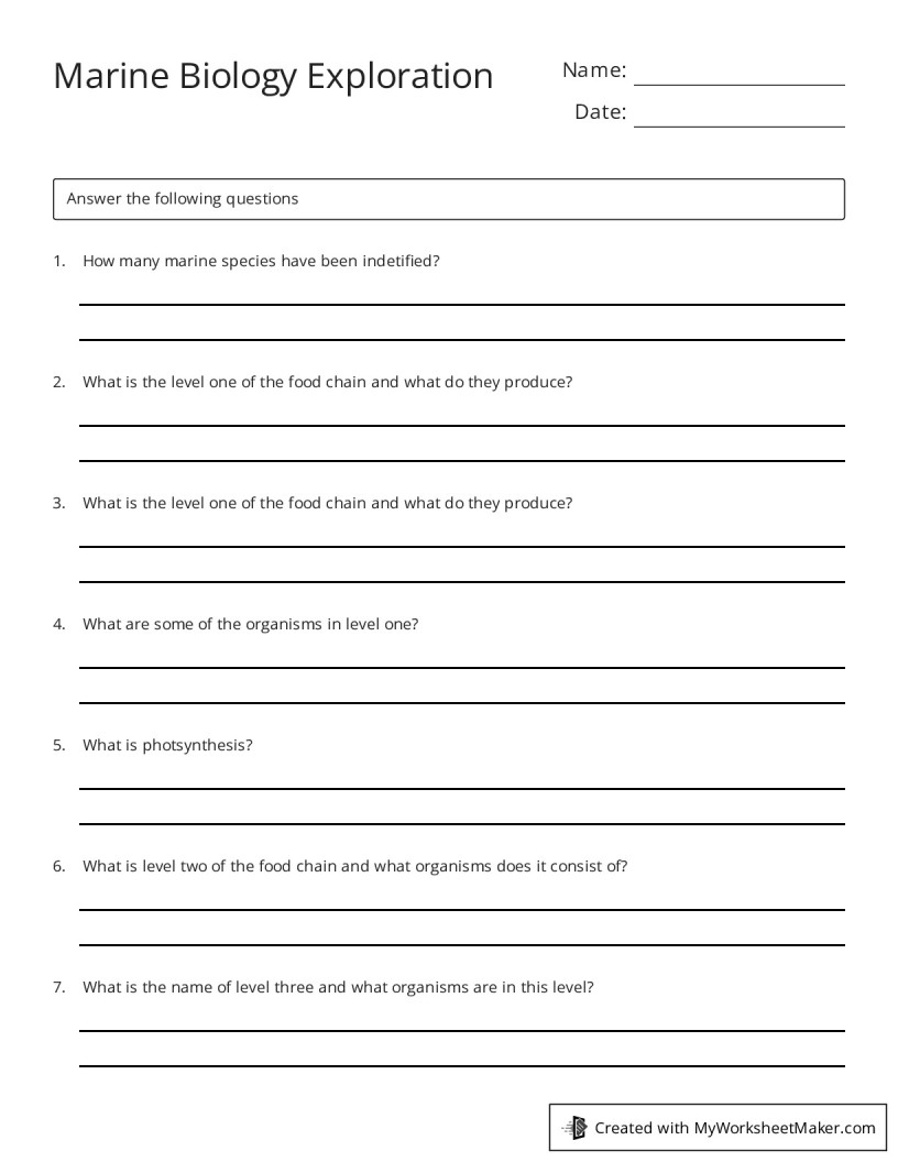 Marine Biology Exploration - My Worksheet Maker: Create Your Own Worksheets