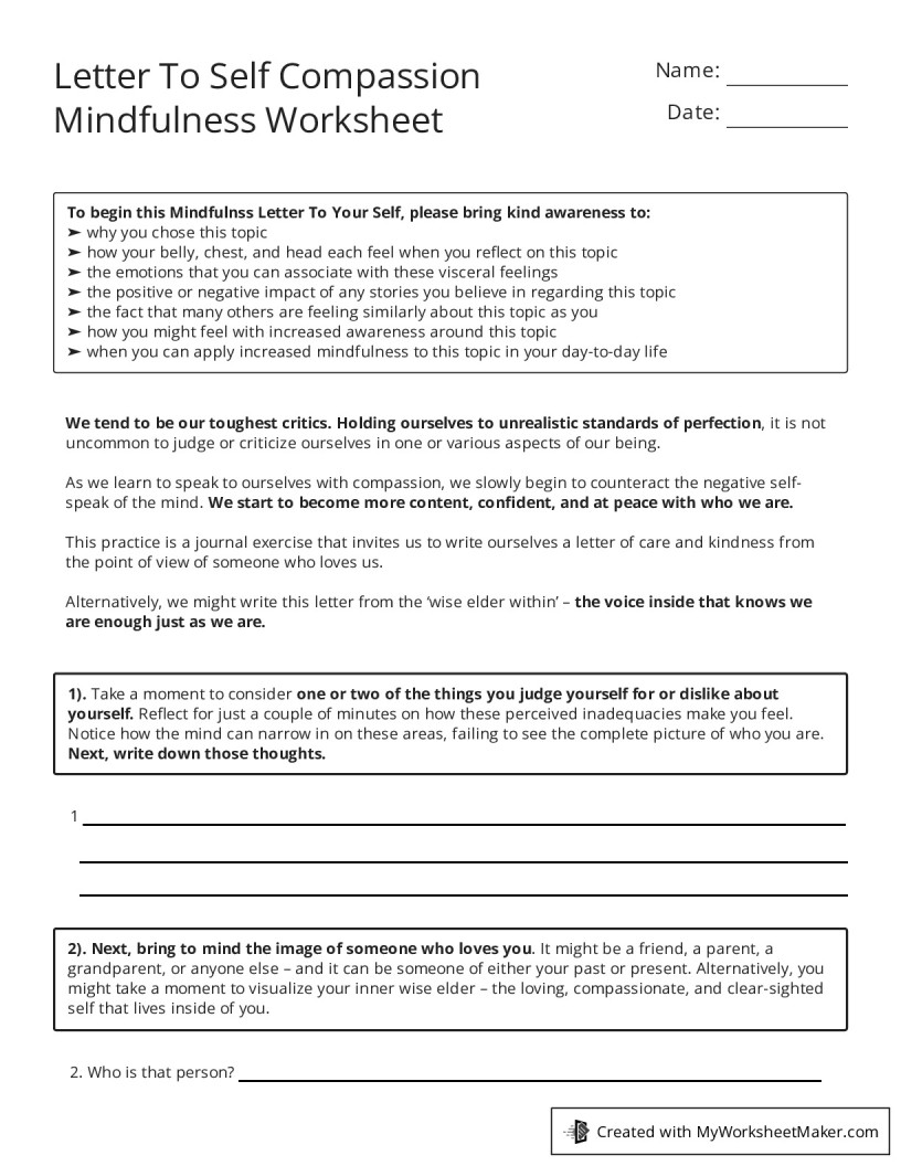 Letter To Self Compassion Mindfulness Worksheet - My Worksheet Maker ...