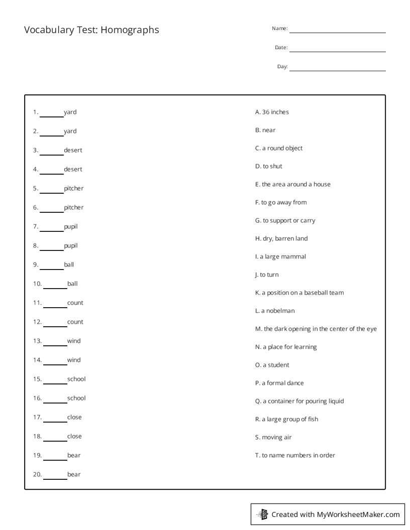 Vocabulary Test: Homographs - My Worksheet Maker: Create Your Own ...