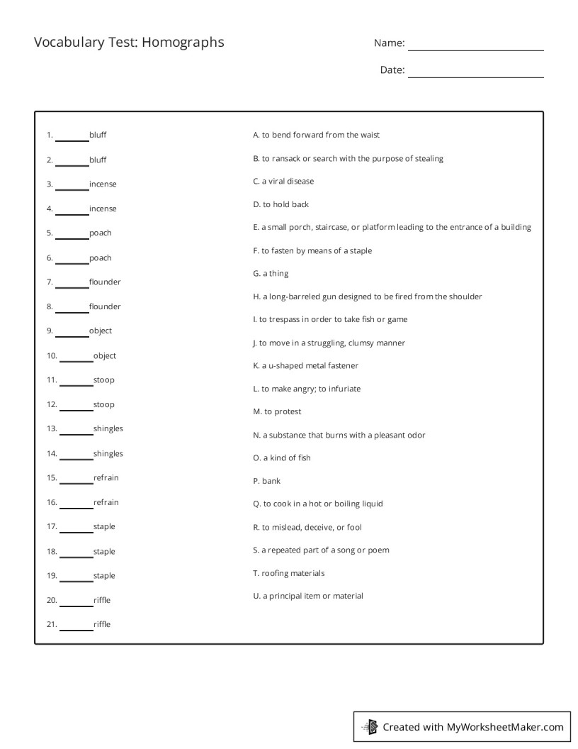 Vocabulary Test: Homographs - My Worksheet Maker: Create Your Own ...