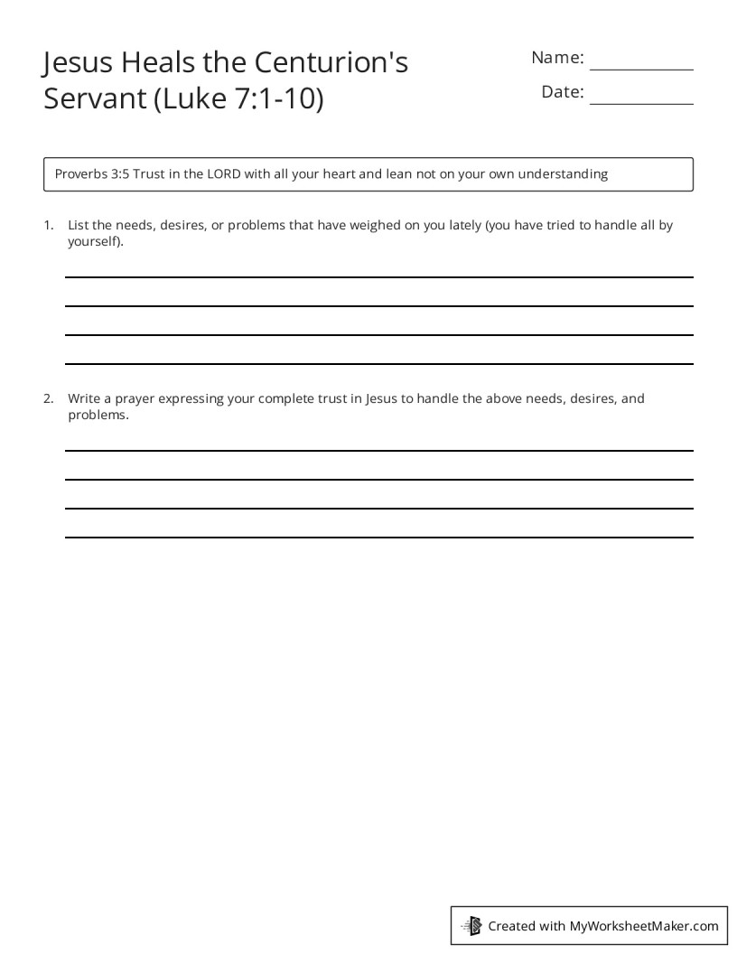 Jesus Heals the Centurion's Servant (Luke 7:1-10) - My Worksheet Maker ...