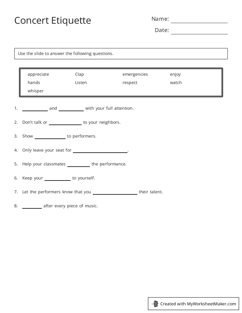 Concert Etiquette - My Worksheet Maker: Create Your Own Worksheets