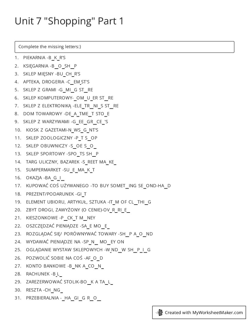 Unit 7 "Shopping" Part 1 - My Worksheet Maker: Create Your Own Worksheets